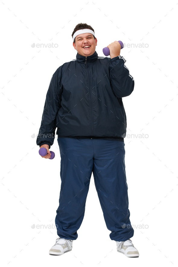 A happy looking overweight man lifting weights and wearing a tracksuit ...