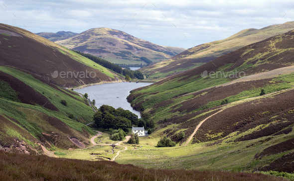 water reservoir nested between rolling hills - Pentland Hills Regional ...
