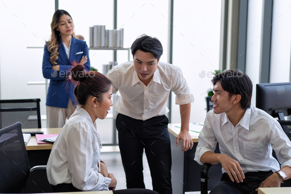 Employees gossiping about female boss business man and woman whispering ...