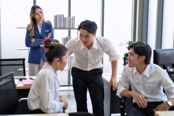 Employees gossiping about female boss business man and woman whispering ...