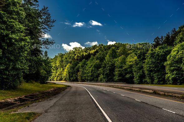 Rural asphalt freeway in South Carolina surrounded by scenic greenery ...