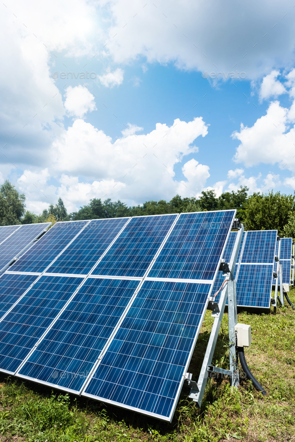 blue solar energy batteries with copy space and cloudy sky Stock Photo ...