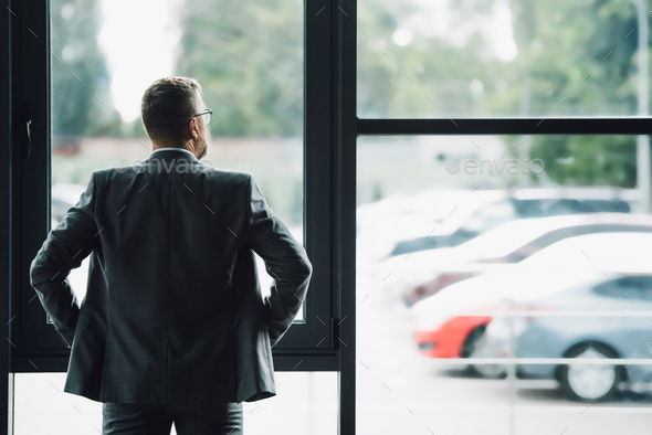 back view of man in formal wear looking through window Stock Photo by ...