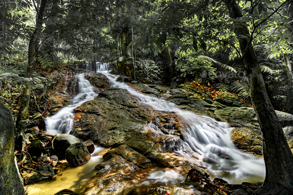 Long exposure cascading waterfall in the jungle Stock Photo by eelinstudio