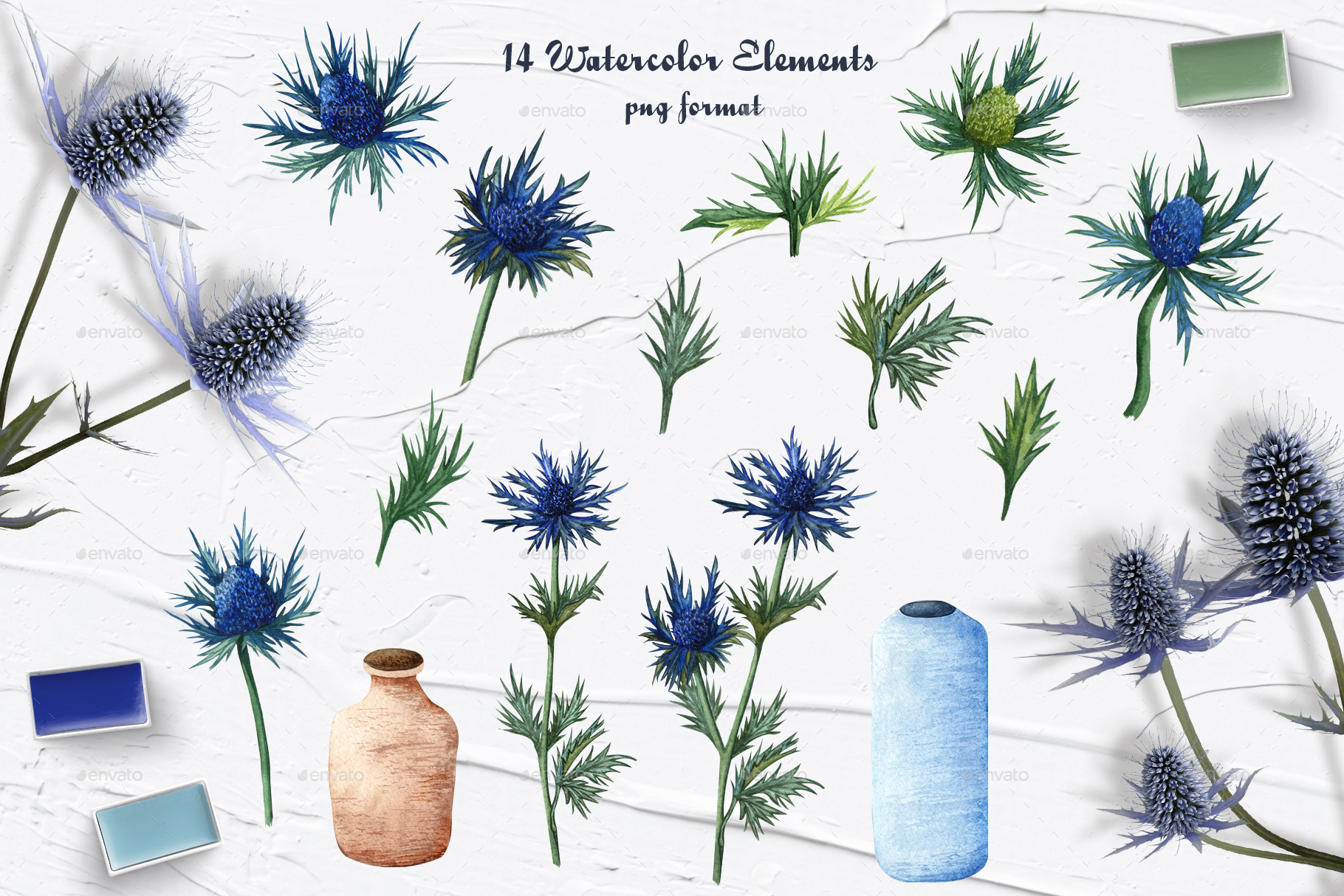 Blue Thistle Watercolor Clipart, Graphics | GraphicRiver