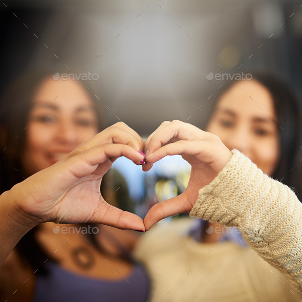 Portrait of two young friends making a heart shape with their hands ...