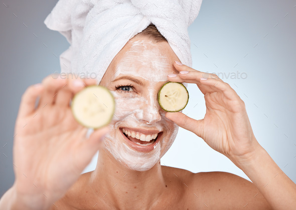 face mask, cucumber and smile for woman skincare beauty wellness, salon ...