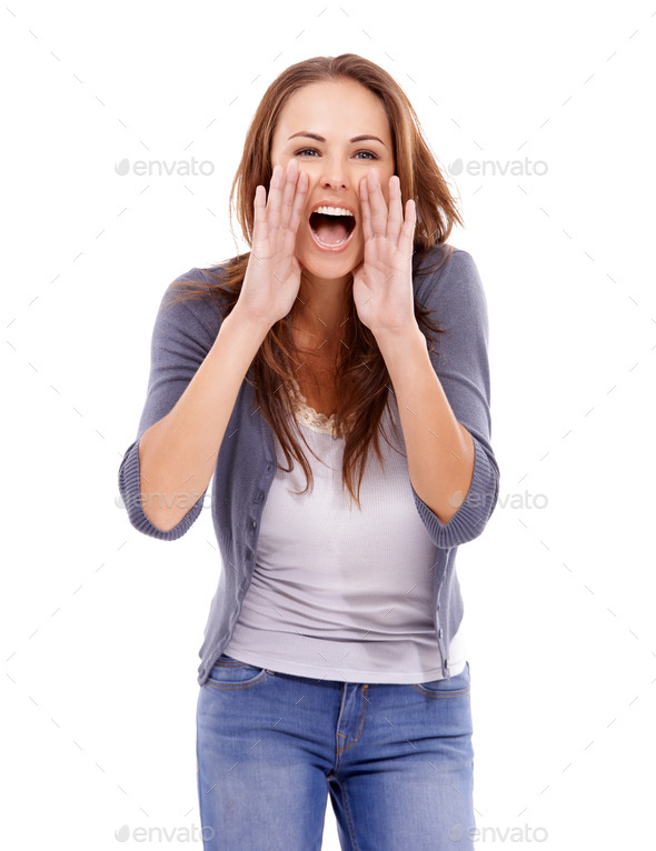 Hey over there. Casually dressed woman yelling loudly isolated on white ...