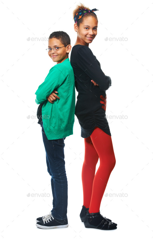 Youth in isolation. A studio shot of two adorable kids standing back to ...