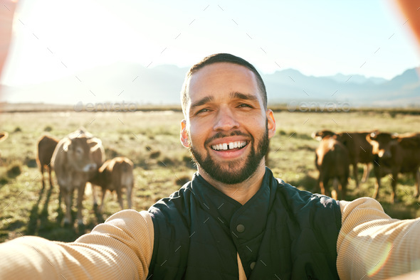 Man, farm and portrait smile for selfie in the countryside with live ...