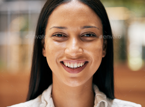 Face, business woman and smile with success, career satisfaction with ...