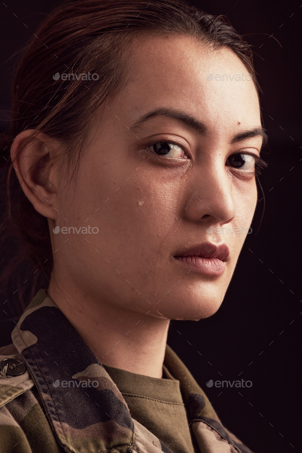 Crying, war soldier and face of sad woman with depression, military ...