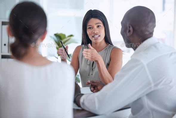 Business meeting, discussion and black woman in leadership for goal ...