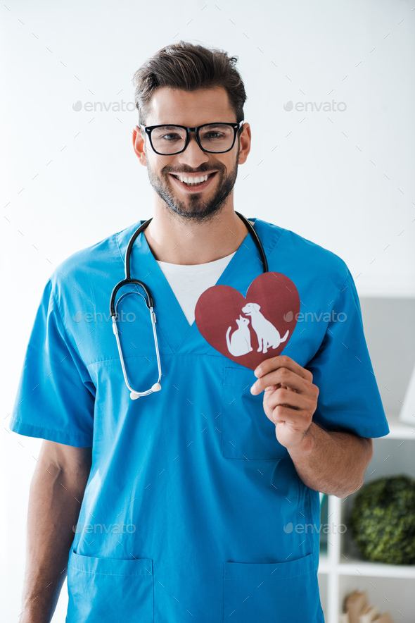 handsome veterinarian smiling at camera while presenting paper cut ...