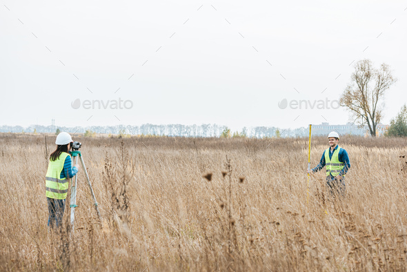 Surveyors measuring land with digital level and ruler in field Stock ...