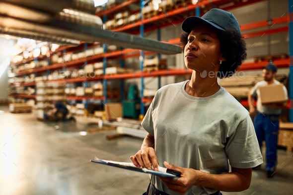 Black female warehouse worker inspecting merchandise at industrial ...