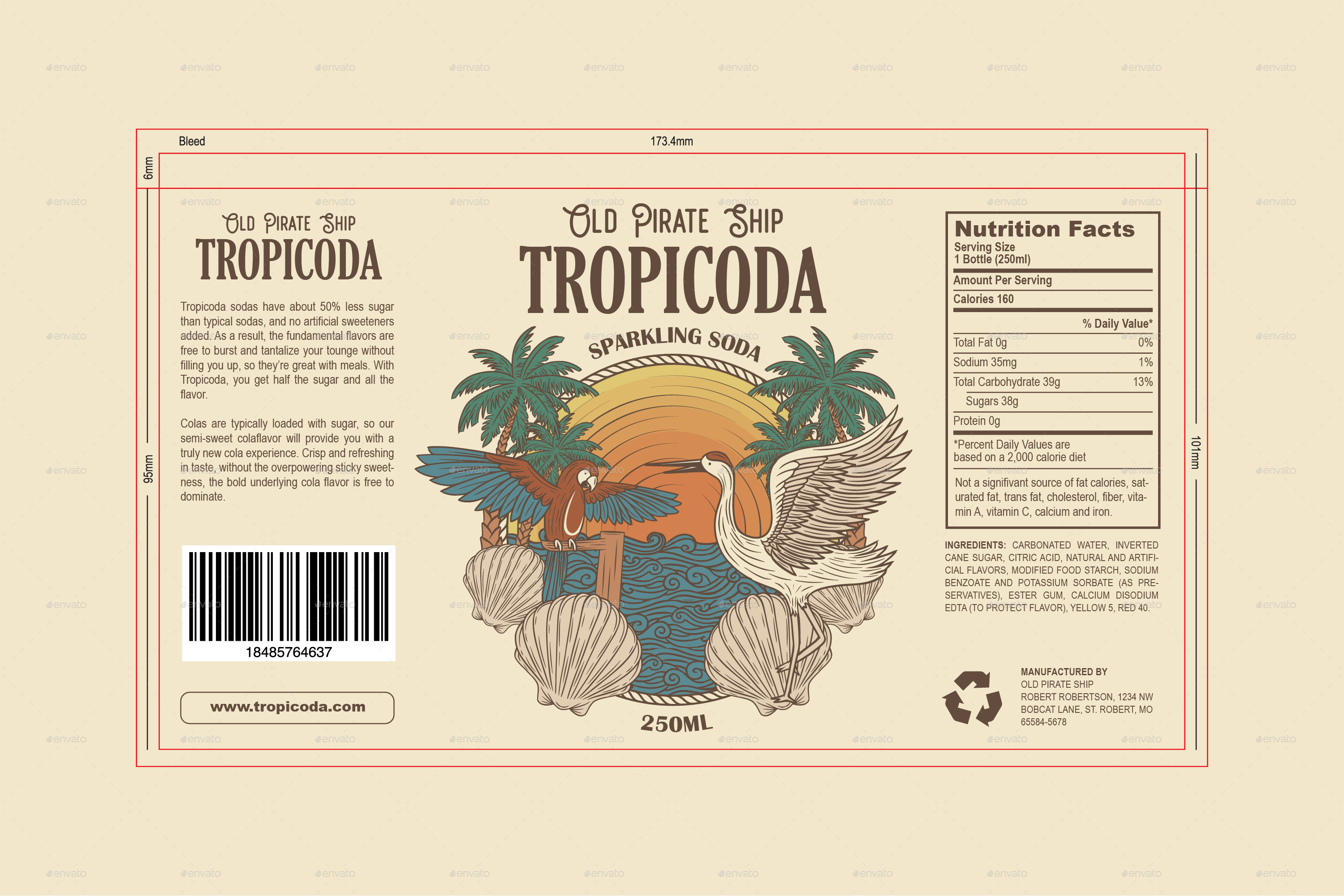 Tropical Cola Soft Drink Can Label Design Template, Print Templates