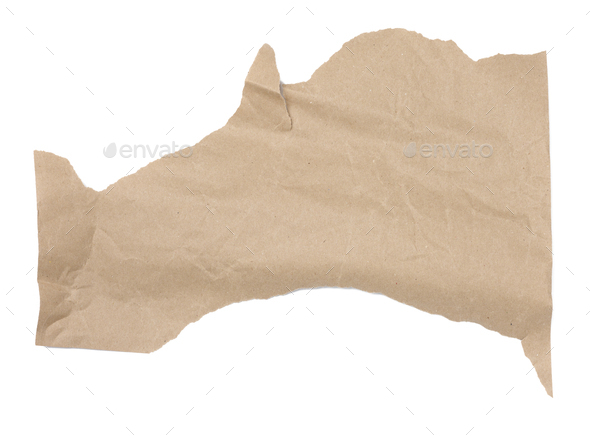 Piece of crumpled brown paper isolated on white background, element for ...