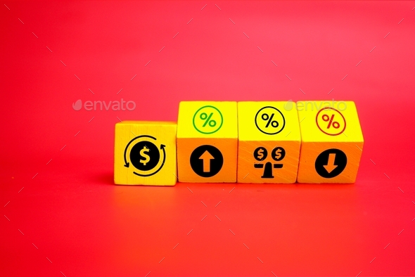 colored cube with investment, percent, stability and volatility icons ...