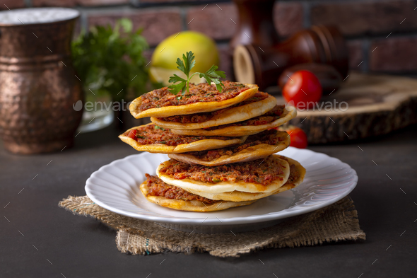 Turkish Food Findik Lahmacun -Mini Pizza Stock Photo by esindeniz ...