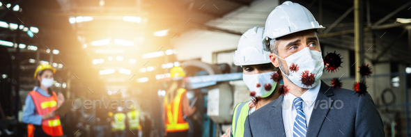 Close up face of business engineer manager wear mask in suit and white ...