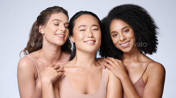 Women, faces diversity or skincare glow on studio background in healthcare wellness, self love ...