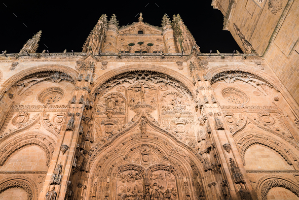 View of the University of Salamanca illuminated at night. Low angle ...