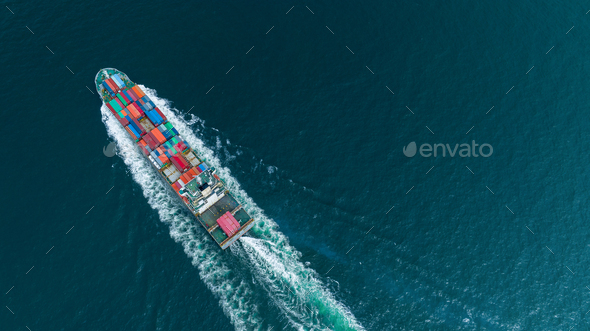 cargo container ship top view carrying container and running for export ...