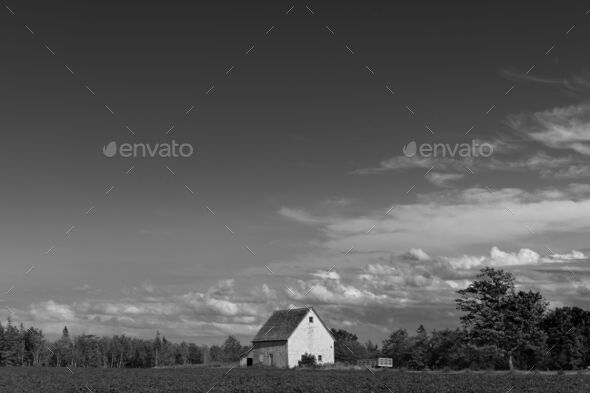 Grayscale of a lone house in the middle of a field Stock Photo by wirestock