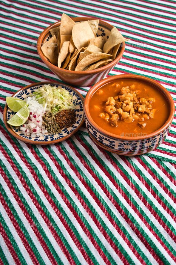 Vertical shot of Pozole Rojo(Mexican Pork and Hominy Stew),tortilla ...