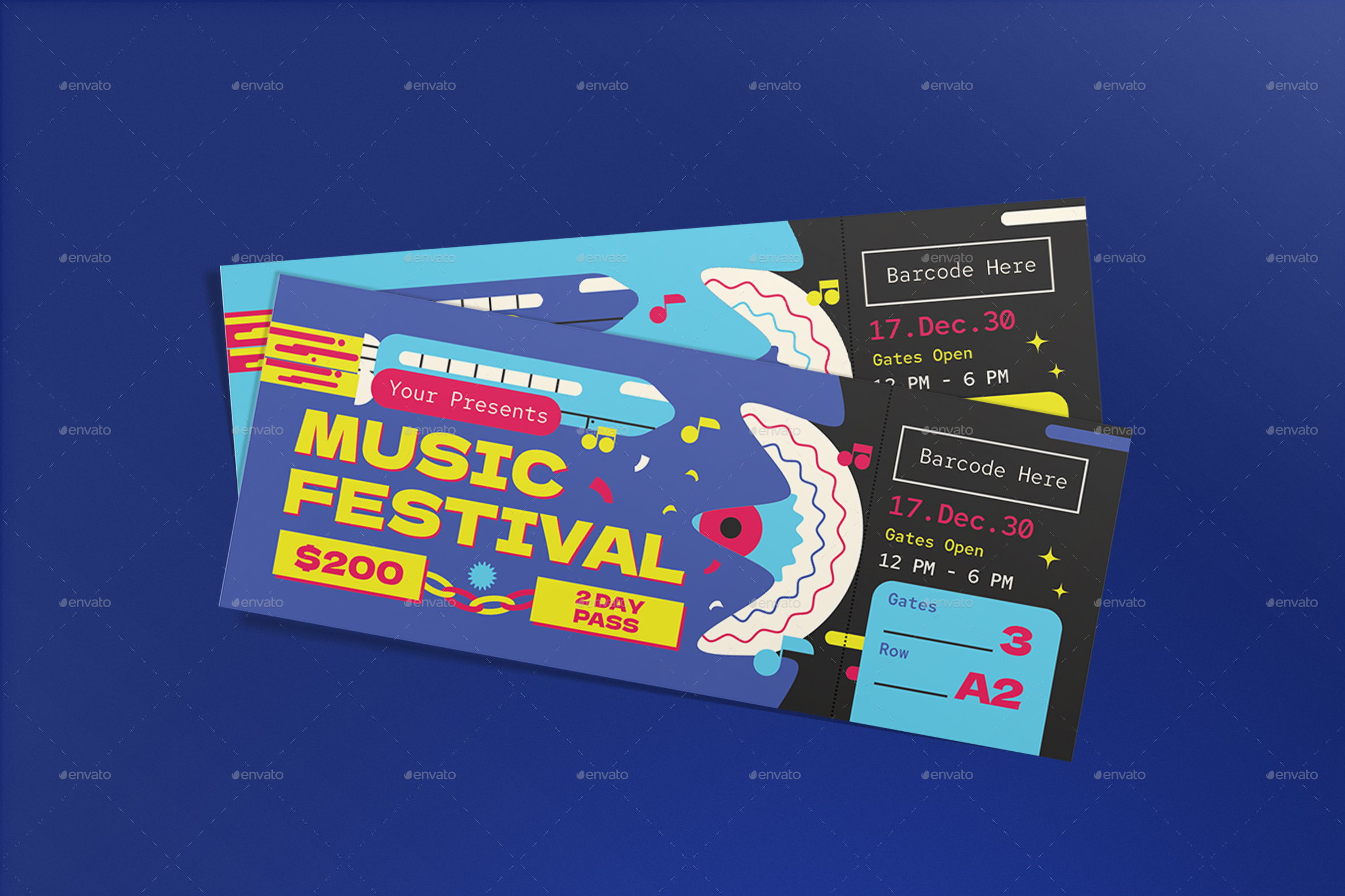 Blue Flat Design Music Festival Ticket, Print Templates | GraphicRiver