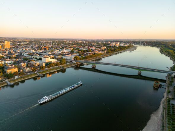 Beautiful view of Bonn cityscape with a barge and Kennedybrucke on the ...