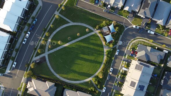Aerial view of the green lawn with a circular pathway. Stock Photo by ...
