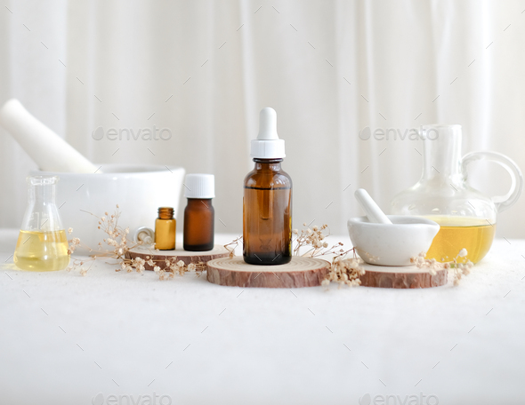 beauty and spa product with pestle and mortar on white background with ...