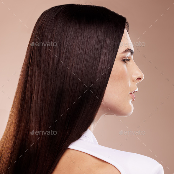 Face profile, beauty and hair care of woman in studio isolated on a ...