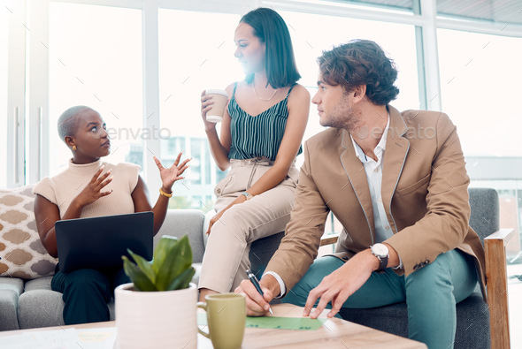 Meeting, discussion and business people talking on sofa for planning ...