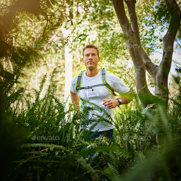 Shot of a young man running along a nature trail Stock Photo by ...