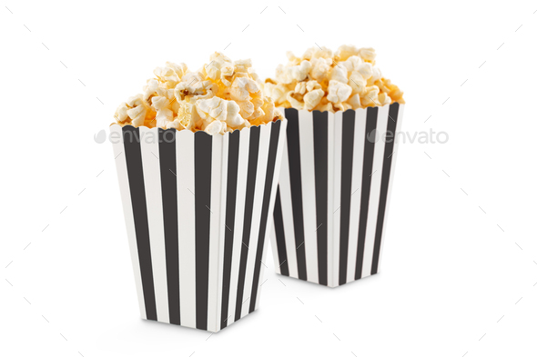 Two Black White Striped Carton Buckets With Tasty Cheese Popcorn ...