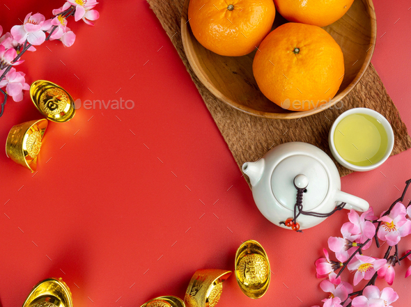 Happy Chinese New Year. Mandarin Oranges, Chinese Gold Sycee. Stock ...