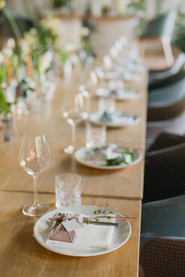 Coziness and style. Modern event design. Table setting at the wedding ...