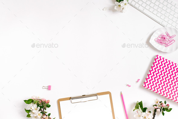 Flat lay home office workspace female blogger background with white ...