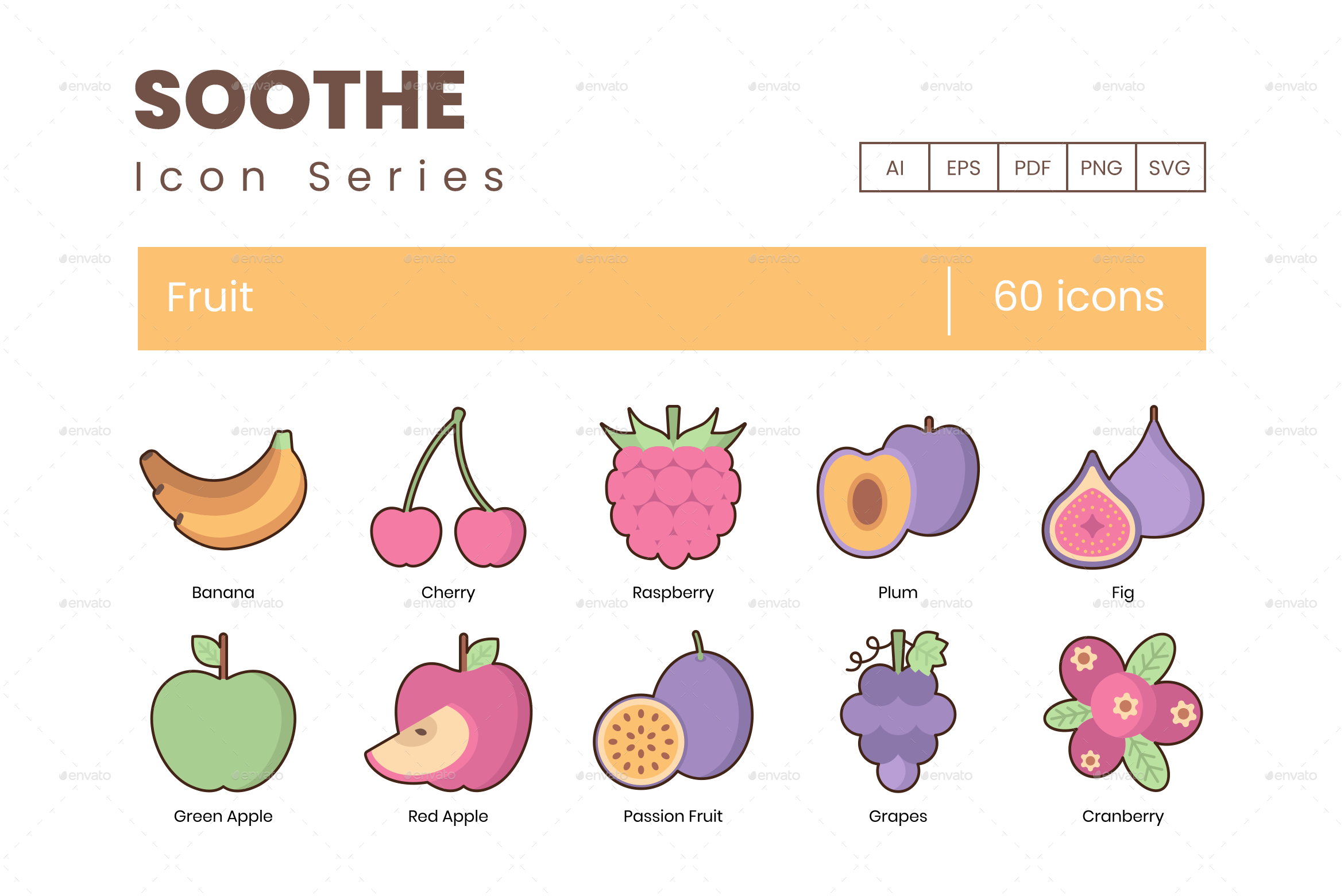 60 Fruit Icons | Soothe Series by Krafted | GraphicRiver