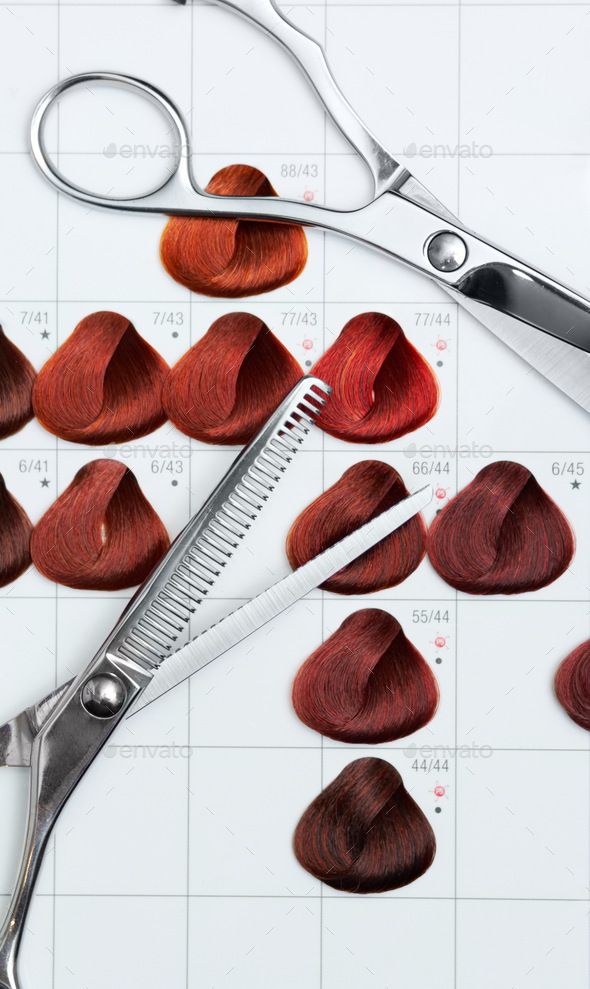 A hair colour chart depicting various reds and two pairs of scissors ...