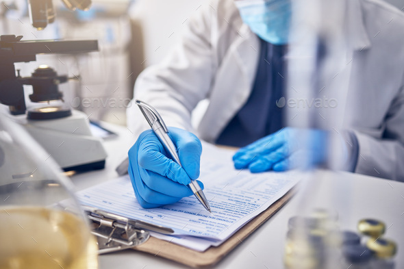 Research, clipboard and scientist writing, checklist and schedule form ...