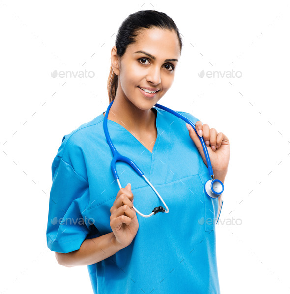 Ready to cure the sick. Shot of a young female holding her stethoscope ...