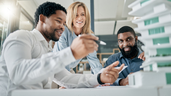 Team, engineer and building model for construction, office and ...