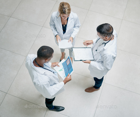 Top view, healthcare and doctors talking, brainstorming and share ...