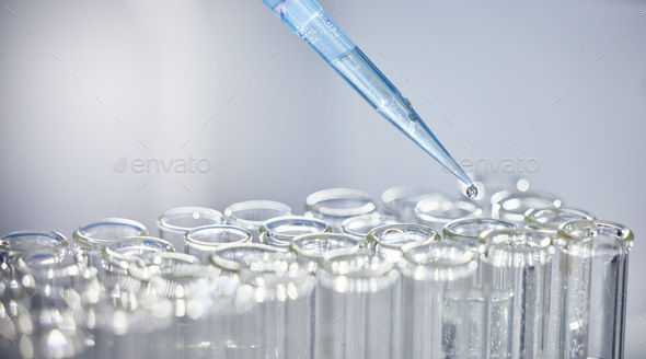 Science, test tubes and syringe for research, experiment or project in ...