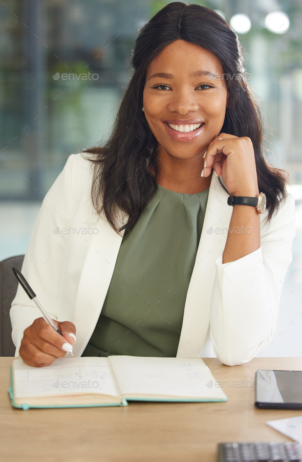 Writing, portrait and business black woman with notebook at her office ...