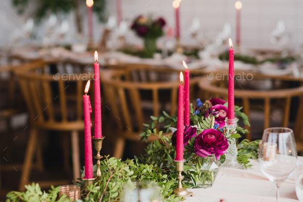 Coziness and style. Modern event design. Table setting at the wedding ...